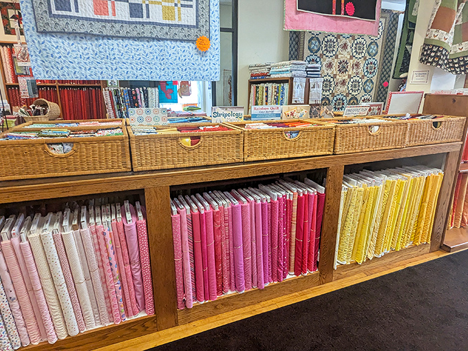 Organization meets inspiration in these wicker baskets of fabric treasures. Each compartment holds possibilities as endless as Vermont's rolling hills.