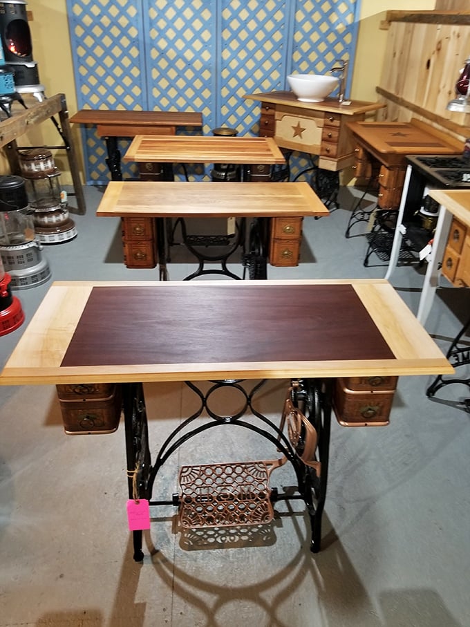 Repurposed creativity &ndash; Old sewing machine bases transformed into stunning tables showcase the second lives vintage items find at The Willows.