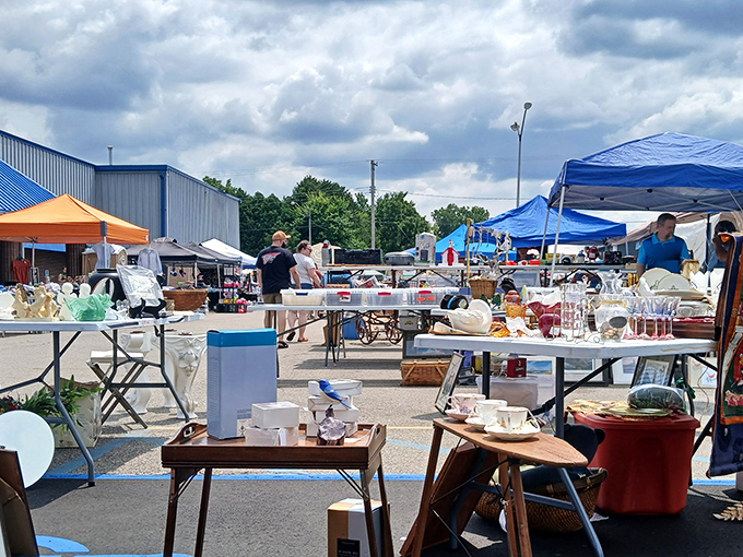 The outdoor market adds another dimension to treasure hunting, with tables of curiosities basking in Michigan sunshine.