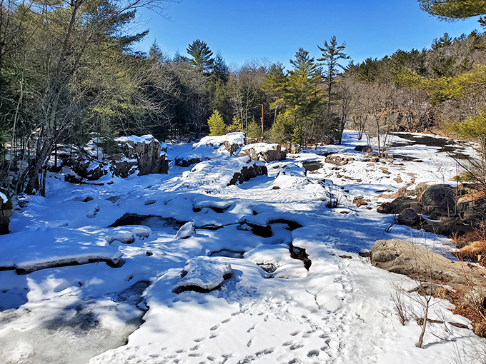 Winter transforms the normally rushing waters into a serene landscape of snow and ice, nature's pause button in Wisconsin's dramatic seasonal cycle.