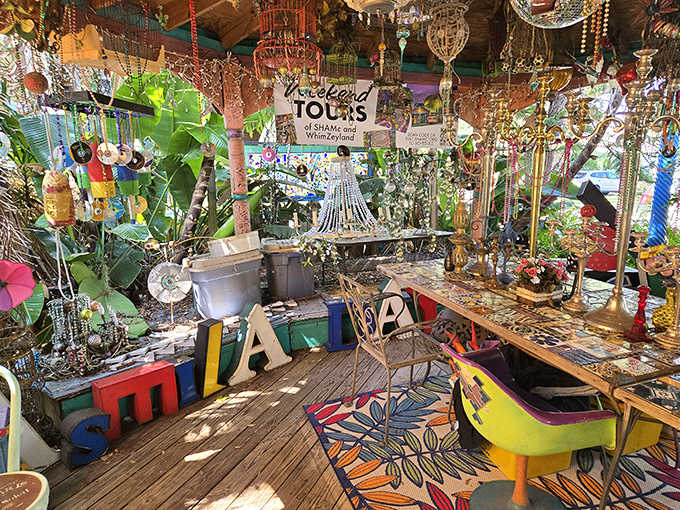 A cozy nook where Alice in Wonderland might stop for tea. The hanging decorations create a magical canopy of color and light.