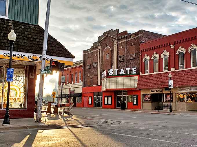 Alpena's historic downtown showcases classic architecture, with the State Theater marquee adding a splash of vintage charm.