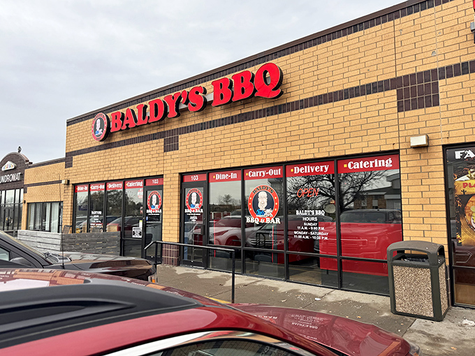 Baldy's BBQ's modern brick exterior houses some seriously old-school smoking techniques &ndash; this Lakeville spot delivers consistent excellence with every plate of brisket and ribs.