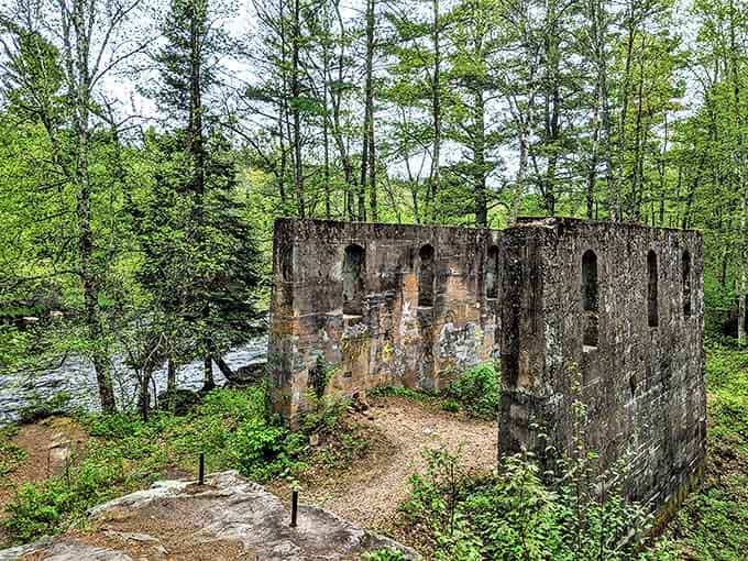 Nature slowly reclaims what humans built at Banning State Park, stone walls standing defiant against time and Minnesota weather.