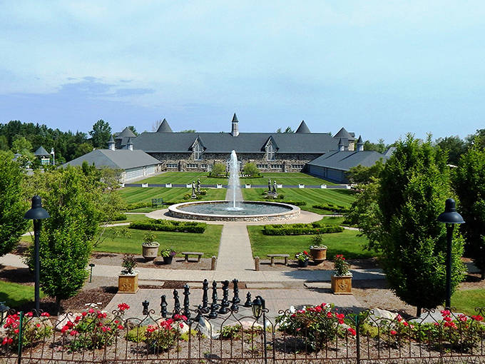Castle Farms' perfectly symmetrical gardens and central fountain create a scene of such precise beauty it feels almost mathematical.