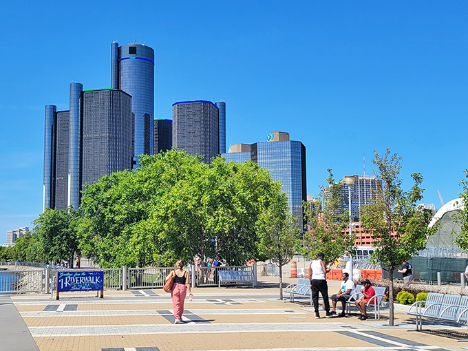 Detroit's impressive skyline rises along the riverfront, the Renaissance Center towers dominating the view.