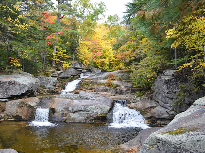 Grafton Notch's Step Falls creates a natural water playground, where golden autumn leaves frame the tumbling cascades in a perfect New England postcard.