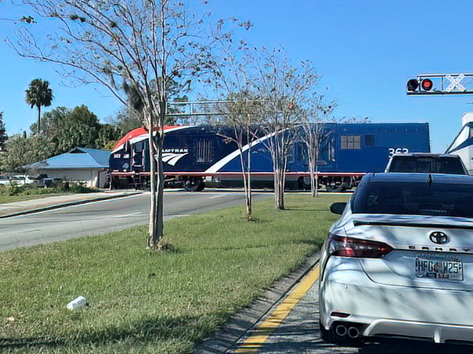An Amtrak train passes through a Florida neighborhood, connecting communities and offering locals and visitors alike an eco-friendly way to explore the Sunshine State.