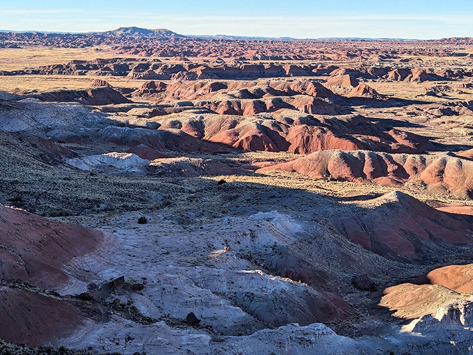 The Painted Desert stretches out in bands of color, a geological rainbow that showcases millions of years of Earth's history in vivid display.