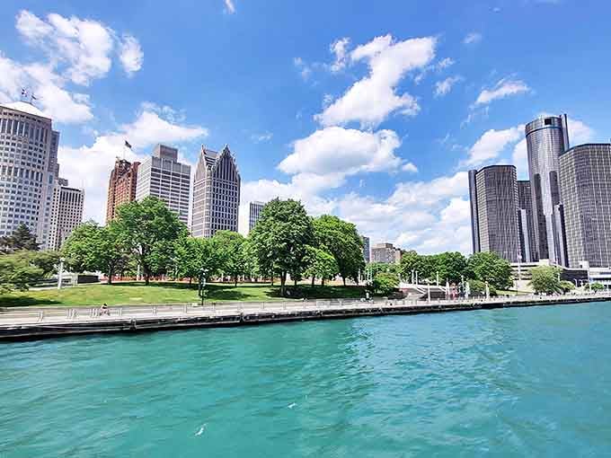 Detroit's skyline rises majestically along the Detroit River, showcasing the city's impressive renaissance and waterfront beauty.