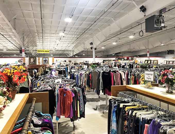 Shalom Thrift Shop's spacious interior features high ceilings and well-organized departments, making treasure hunting a breeze for savvy shoppers.