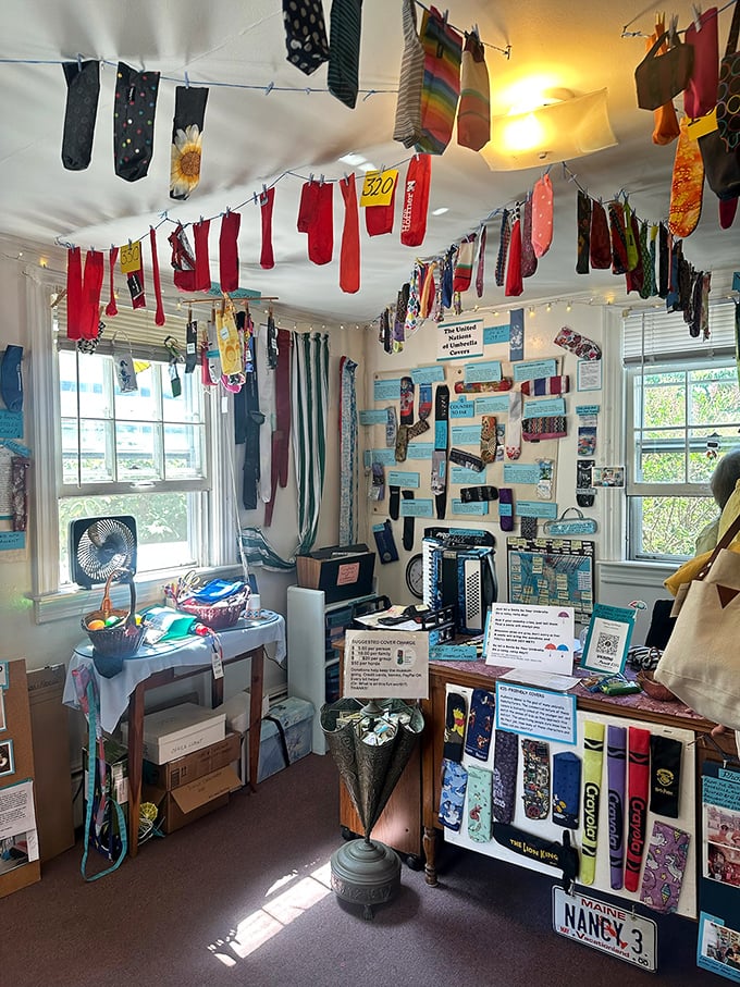 The Umbrella Cover Museum displays hundreds of those little sleeves nobody keeps, hanging from the ceiling like colorful forgotten memories.