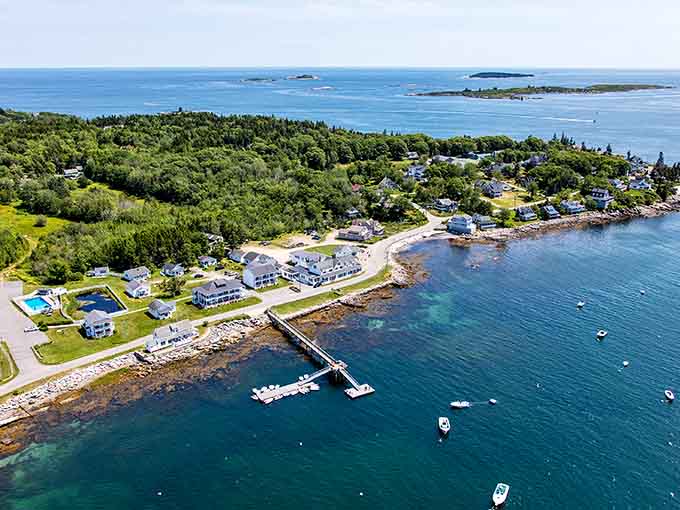 The harbor from above shows why filmmakers keep coming back to capture Maine's timeless coastal beauty.