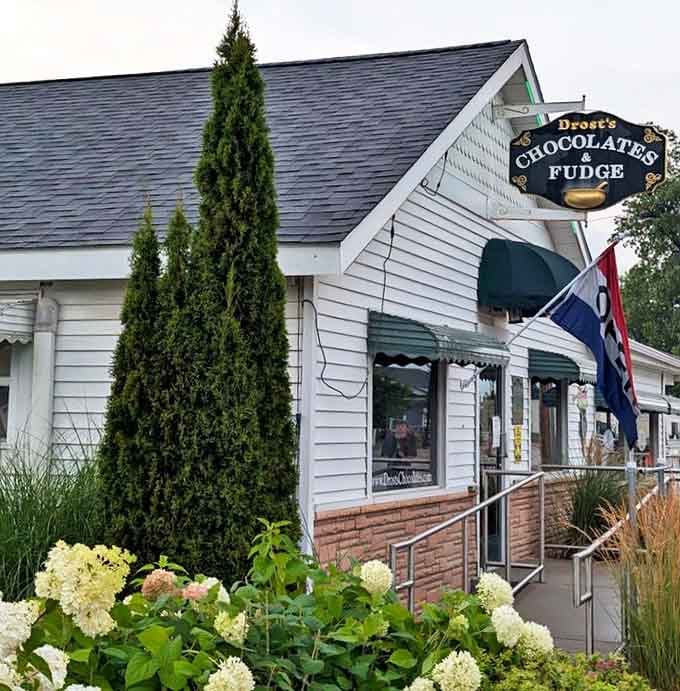 The welcoming exterior of Drost's Chocolates features lush hydrangeas and ornamental grasses, making the approach as sweet as what's inside. Nature and chocolate in perfect harmony!