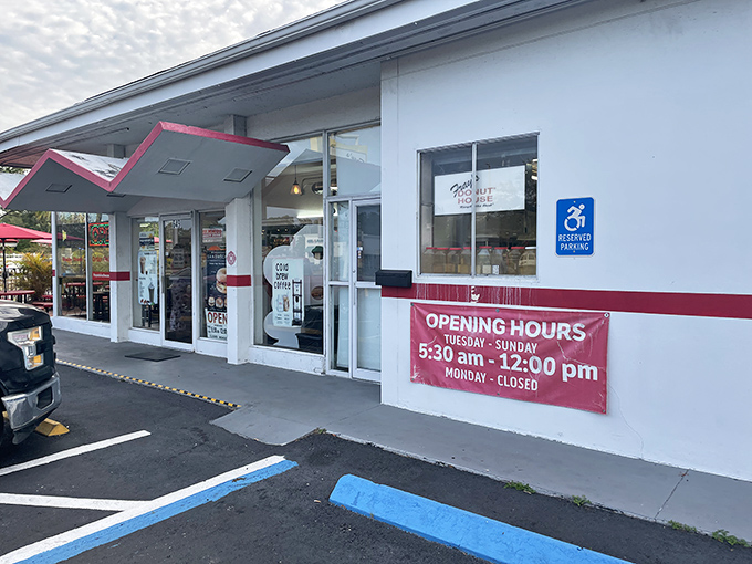 Simple, clean, and focused on what matters &ndash; Fray's welcoming entrance promises fresh donuts without any fussy distractions.