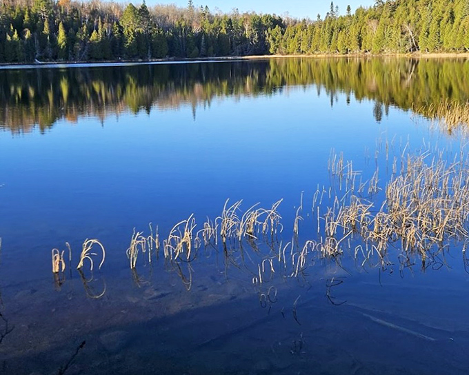 Wooden steps guide hikers through Crosby Manitou's fall color display, where maple leaves create a natural confetti against the park's rugged terrain.