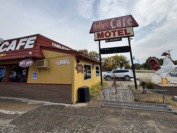 The classic roadside sign for Molly's Cafe stands tall against the Minnesota sky. This Silver Lake institution has been serving hungry travelers along Highway 7 for generations.