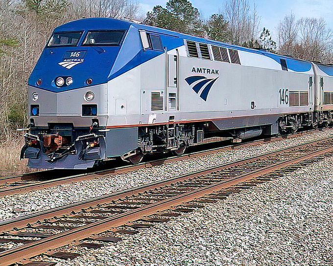 The classic Amtrak locomotive #146 powers through Florida's countryside, its silver and blue colors complementing the natural beauty of the passing landscape.
