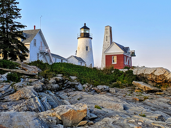 Dramatic geology meets maritime history at Pemaquid Point, where layers of ancient rock lead the eye toward the classic white lighthouse.