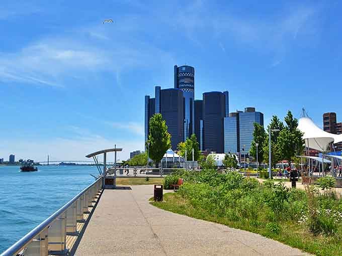 The Detroit Riverfront offers peaceful walking paths where city meets water, creating a perfect urban escape with spectacular views.