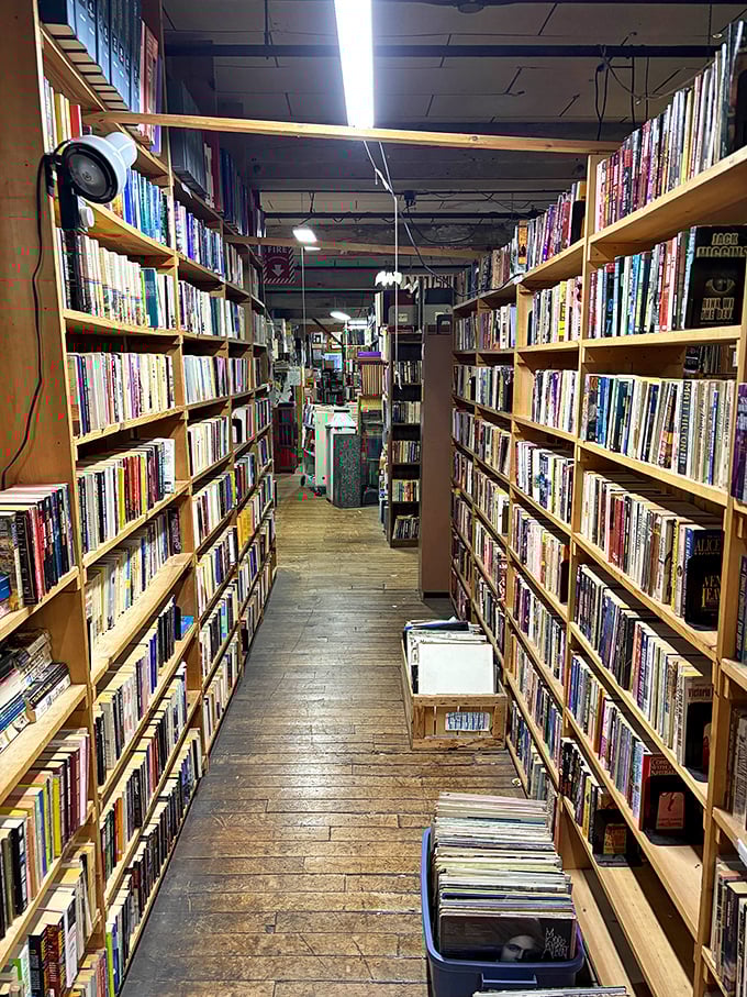 Floor-to-ceiling shelves create canyon walls of knowledge, inviting exploration while simultaneously making you feel wonderfully small in the presence of greatness.