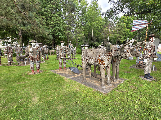 Life-sized figures stand in silent formation, their concrete bodies adorned with colorful glass fragments that catch the Wisconsin sunlight.