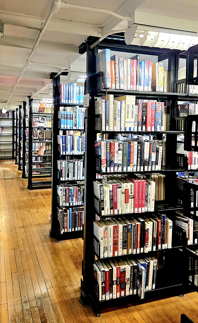 Books stretch as far as the eye can see in this bibliophile's dream, where wooden shelving creates perfect corridors for literary exploration.