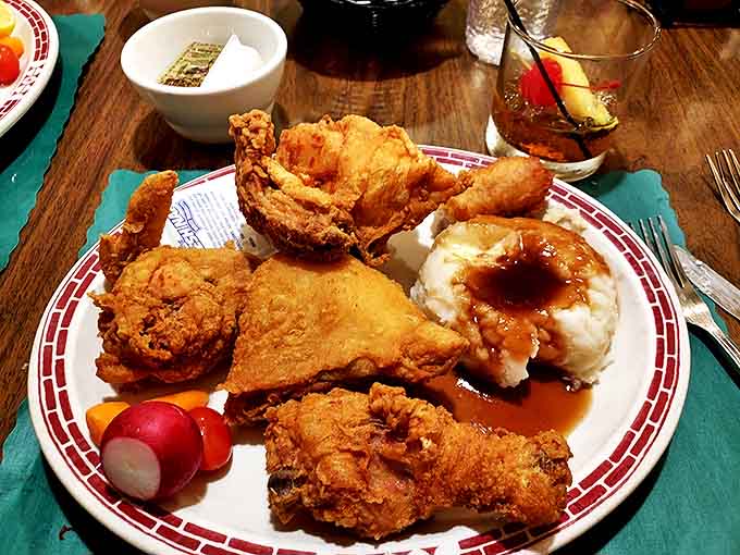 Broasted chicken that defies physics &ndash; impossibly crispy outside, juicier-than-should-be-legal inside, with mashed potatoes standing by for gravy duty.