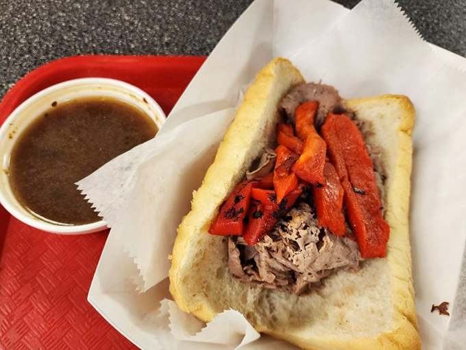 The Italian beef sandwich – Chicago's other claim to fame – tender, juicy, and topped with sweet peppers that'll make your taste buds dance.