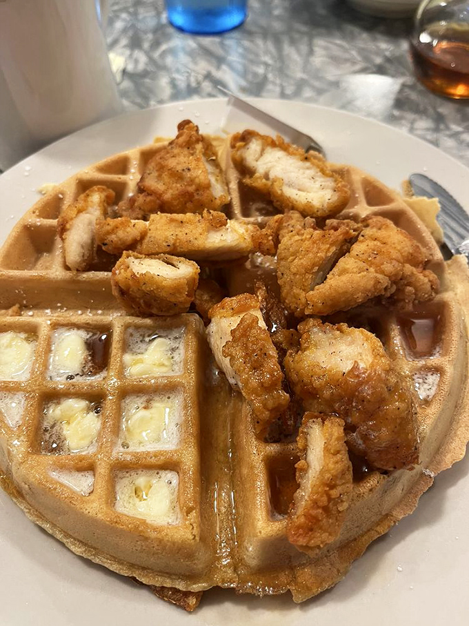 Chicken and waffles is the kind of dish that makes you question why we ever separated breakfast from dinner in the first place, crispy meets fluffy in perfect harmony.