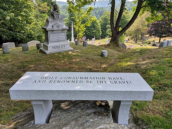 "Quiet consummation have, and renowned be thy grave"—Shakespeare's words offer solace on this contemplative stone seat.