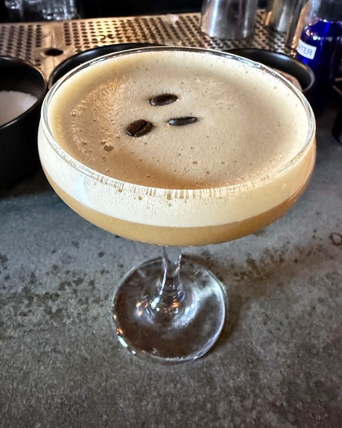 So Far So Good's espresso martini isn't just a drink, it's a velvety revelation topped with three coffee beans for luck.