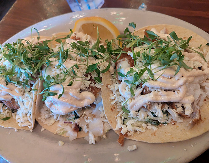 Fish tacos reimagined the Turk's way – delicate white fish, crisp vegetables, and a drizzle of sauce that ties everything together in perfect harmony.