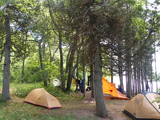 Campers find serenity among tall pines, where tent sites offer the perfect balance of privacy and proximity to Lake Michigan's shores.