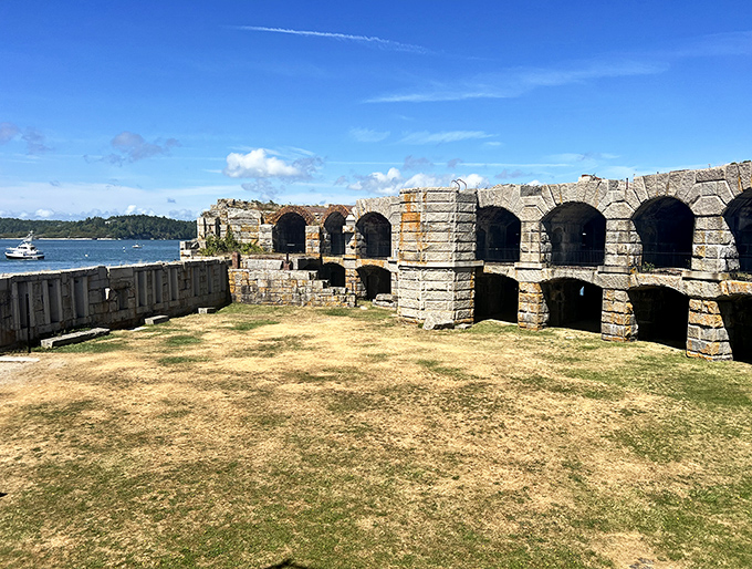 Fort Popham's weathered granite arches frame perfect ocean views, Civil War history frozen in stone along the Kennebec River.