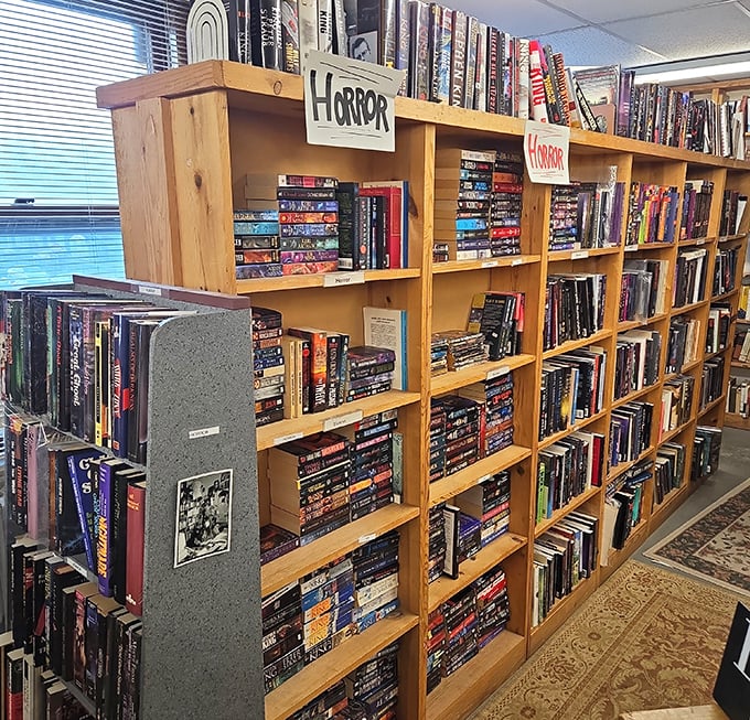 The horror section beckons brave readers with handwritten signs, promising spine-tingling tales that will keep you checking under the bed.