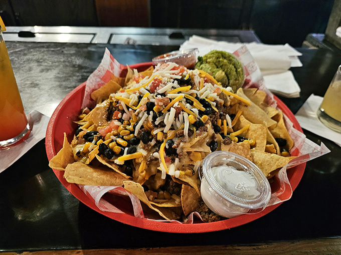 These nachos aren't just an appetizer, they're a topographical map of Flavor Country with peaks of cheese and valleys of beans.