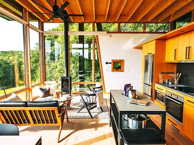 The interior glows with warmth from natural wood and natural light, creating a space that feels both sophisticated and genuinely comfortable, like a hug from a very stylish friend.