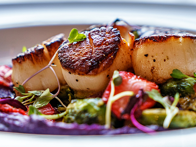 These seared scallops aren't just dinner; they're little golden medallions of ocean sweetness nestled among colorful vegetables like jewels on a plate.