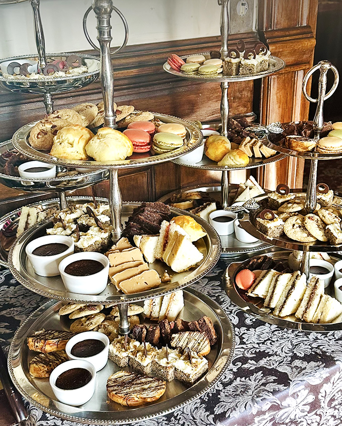The multi-tiered afternoon tea service features an array of treats so pretty they belong in a museum&mdash;until they meet their delicious fate.