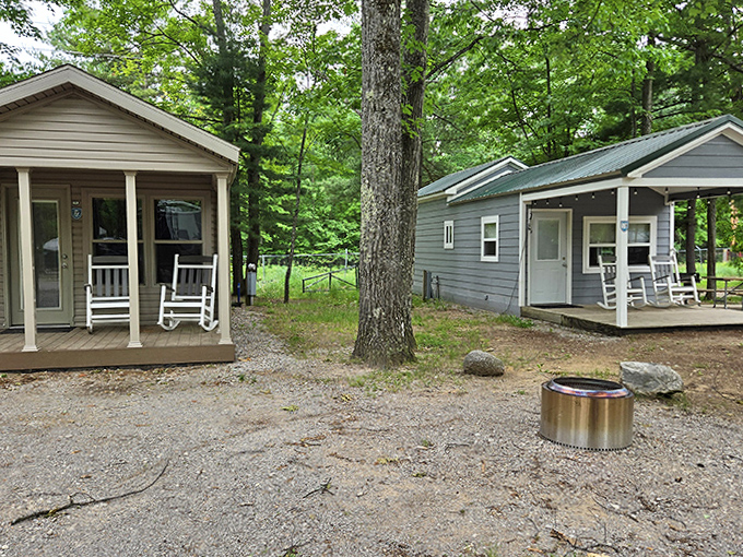 Charming cabins with rocking chair porches promise evenings of stargazing and morning coffee with birdsong as your only interruption.