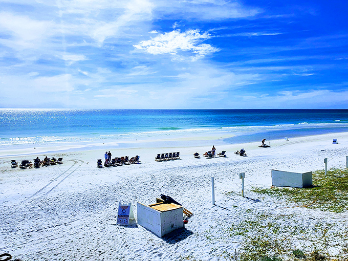 Beach chairs lined up like eager students, ready for a day of sun-soaked education in the art of relaxation.