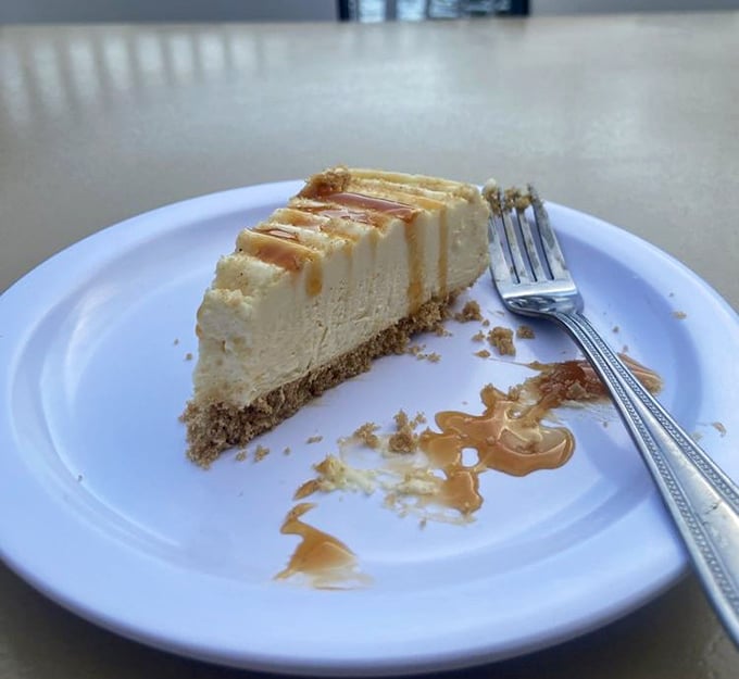 Creamy cheesecake with caramel drizzle &ndash; because even dessert tastes better when you're floating through a desert canyon.