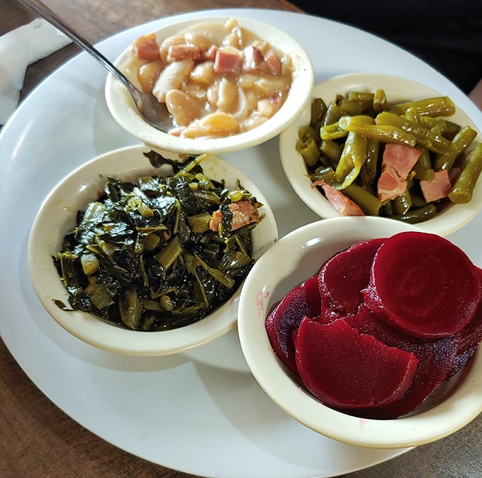 Sides: Southern vegetables elevated to star status &ndash; collards, mac and cheese, pickled beets, and green beans that refuse to be mere supporting actors.