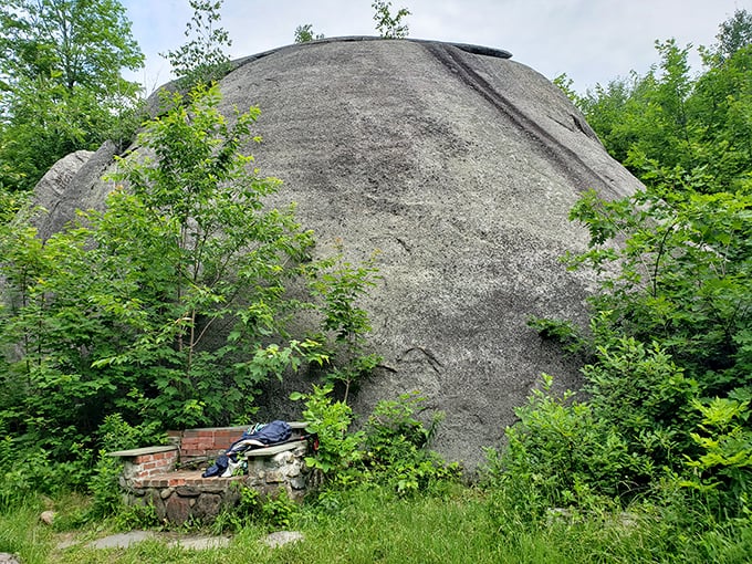 The massive boulder seems to emerge from the forest like a sleeping giant, its weathered surface telling stories of glacial journeys thousands of years ago.
