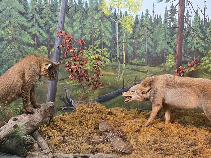 Nature's predator drama unfolds as bobcat and coyote face off &ndash; a frozen moment of wilderness tension that tells stories of survival without a single word.