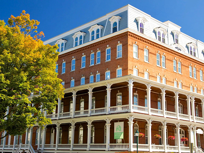 The Pavilion Building's elegant wraparound porches and brick fa&ccedil;ade showcase the Victorian grandeur that defines much of Montpelier's architecture.