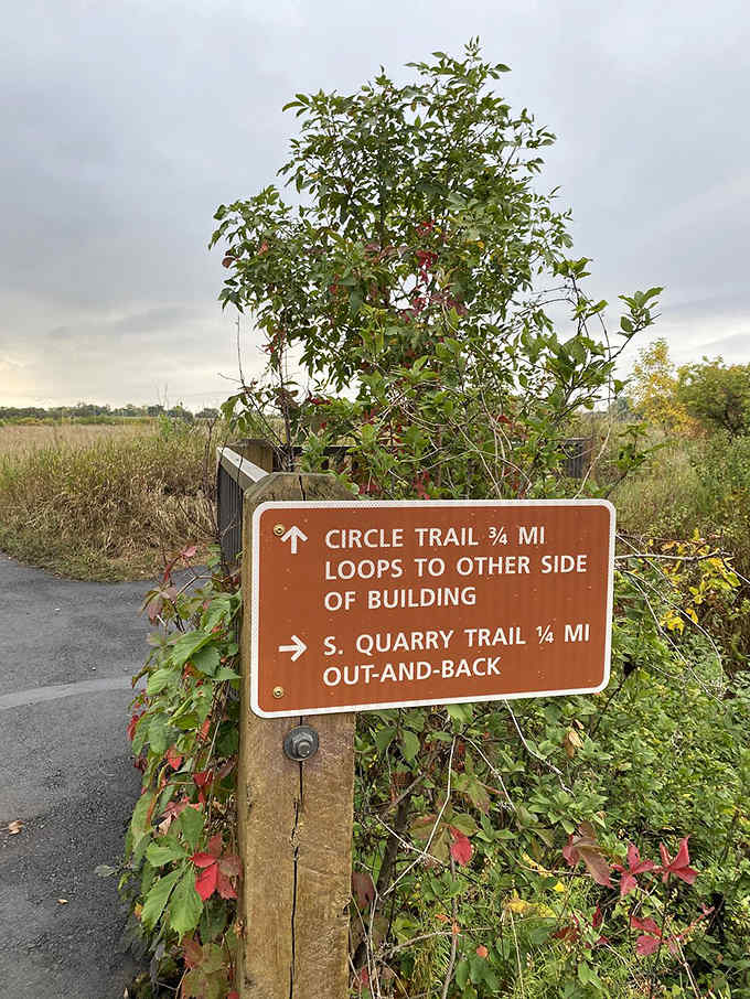 Trail markers point the way to adventure, offering choices between quick explorations and deeper dives into this geological wonderland.