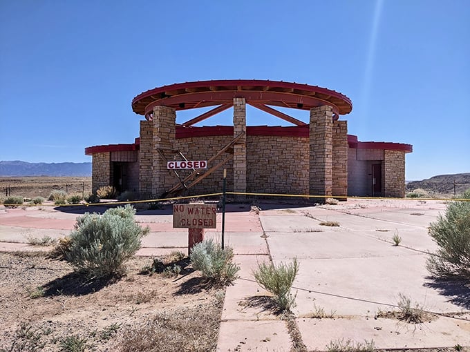 A once-circular visitor center now stands closed, a reminder of how this landmark has evolved over the years.