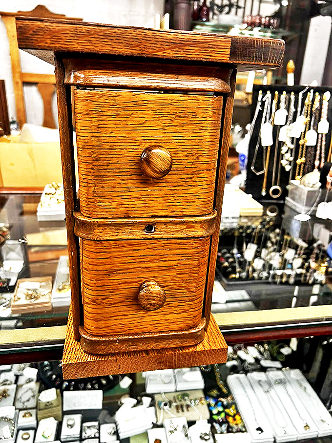 Tiny drawers for tiny treasures! This oak whatnot might have held everything from buttons to love notes in its previous life.